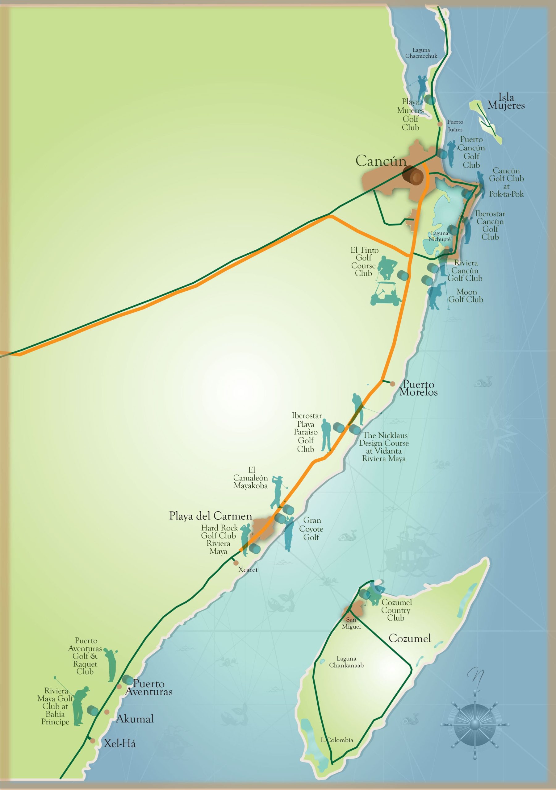 Mapa de Campos de Golf del Caribe Mexicano - Destinos México
