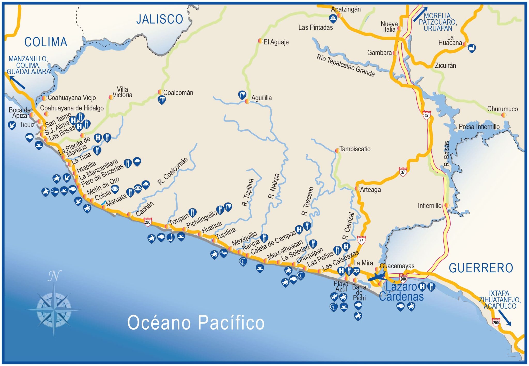 Mapa de la Costa de Michoacán - Destinos México