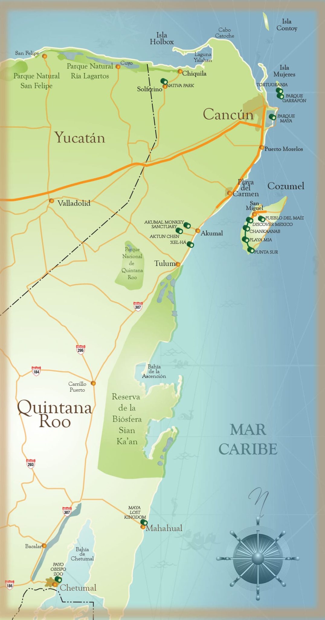 Mapa de Parques Recreativos del Caribe Mexicano - Destinos México